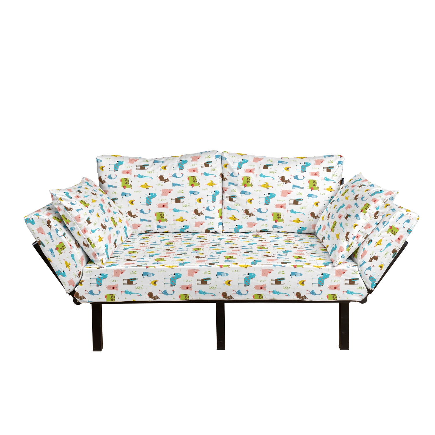 Cartoon Futon Couch, Farm Animals Pattern with Pig Rooster Cow Horse ...