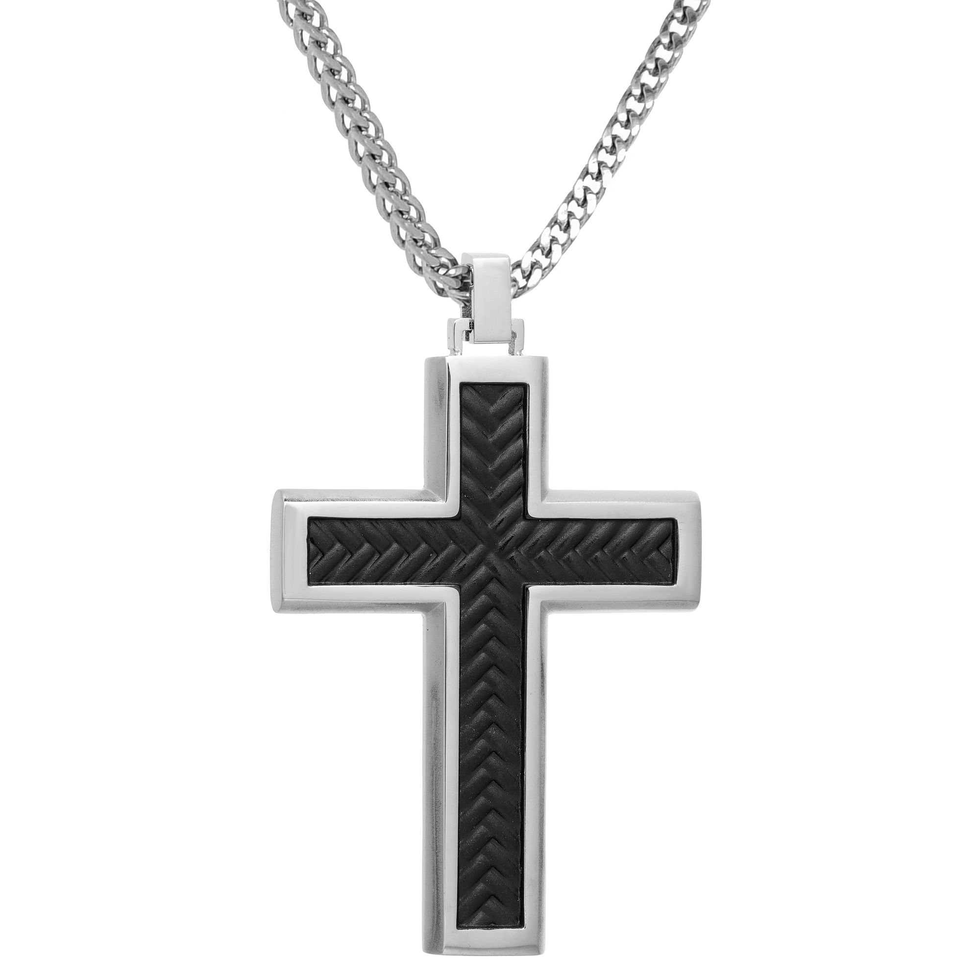 Stainless Steel Cross Pendant on 24 Inch Round Box Chain Textured Black ...