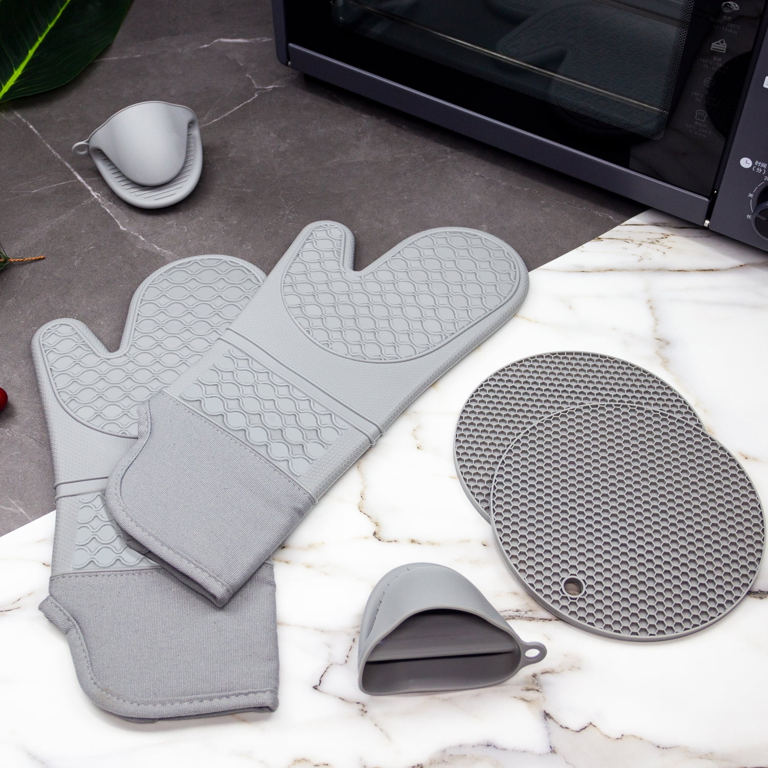 KAUKKO Extra Long Oven Mitts and Pot Holders Sets, Heat Resistant ...