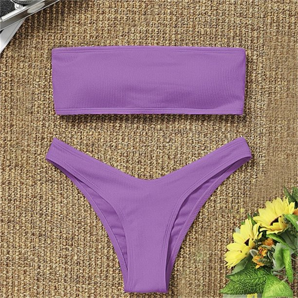 Danhjin Womens 2 Pieces Bandeau Bikini Swimsuits Off Shoulder High