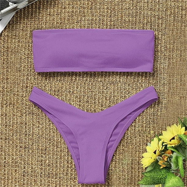 Danhjin Womens 2 Pieces Bandeau Bikini Swimsuits Off Shoulder High