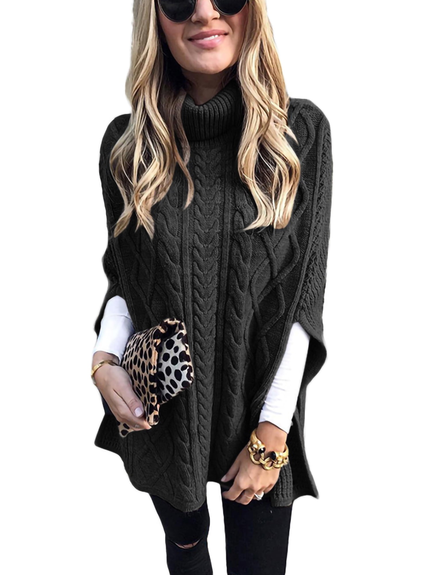 Lumento Womens Chic Turtleneck Cable Knit Shawl Sweater Casual Poncho ...
