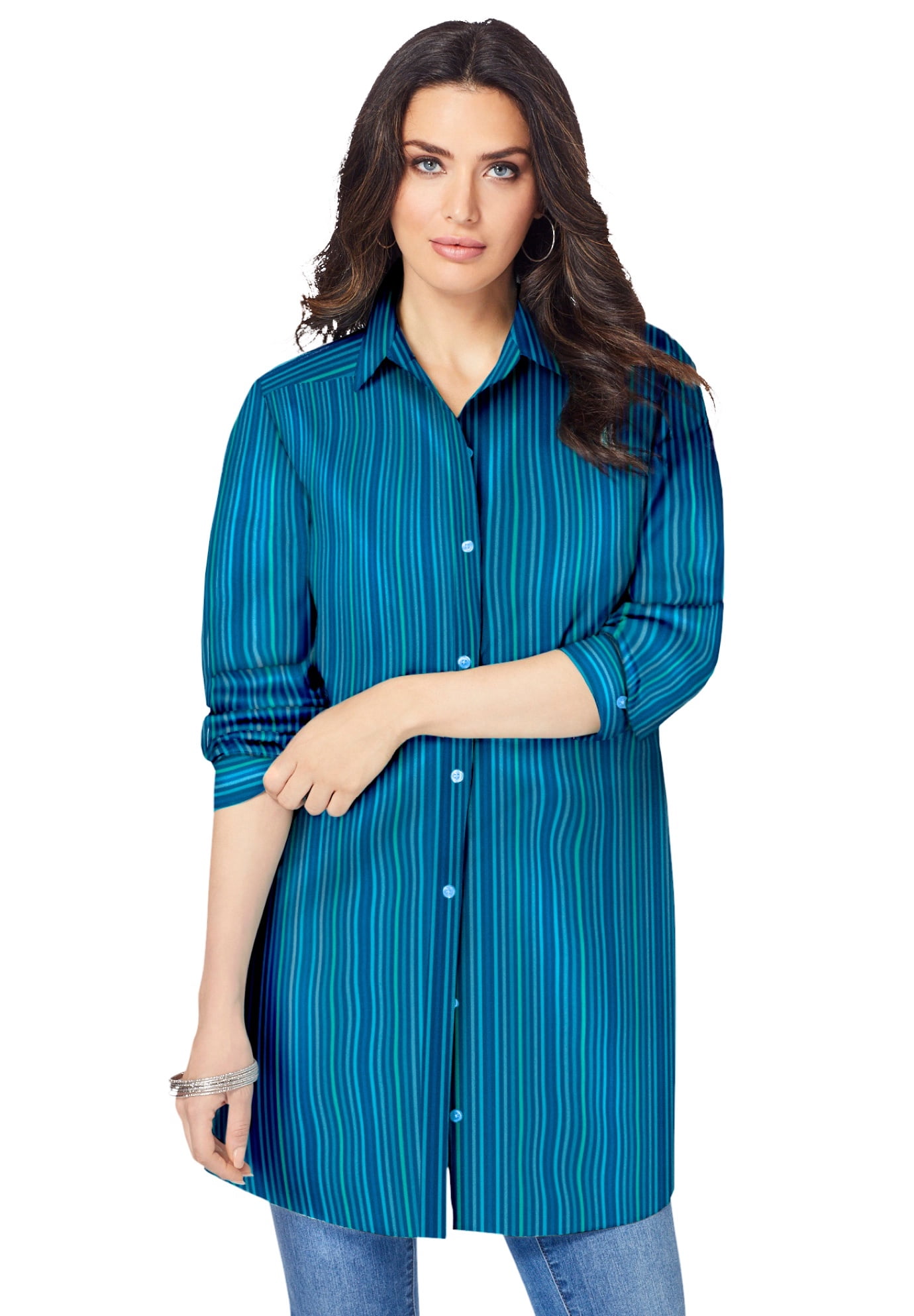 Roaman's Women's Plus Size Kate Tunic Big Shirt Button Down Tunic Shirt ...