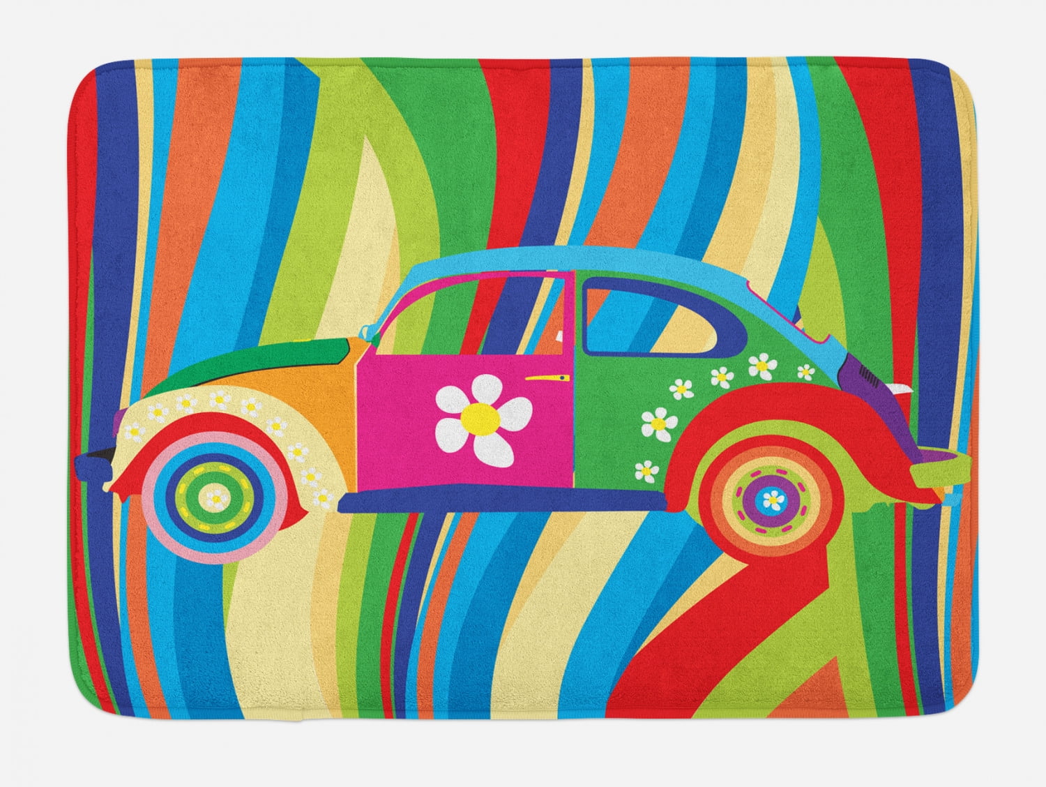 Modern Bath Mat, Retro Vector Hippie Style Classic Car with Daisy and ...