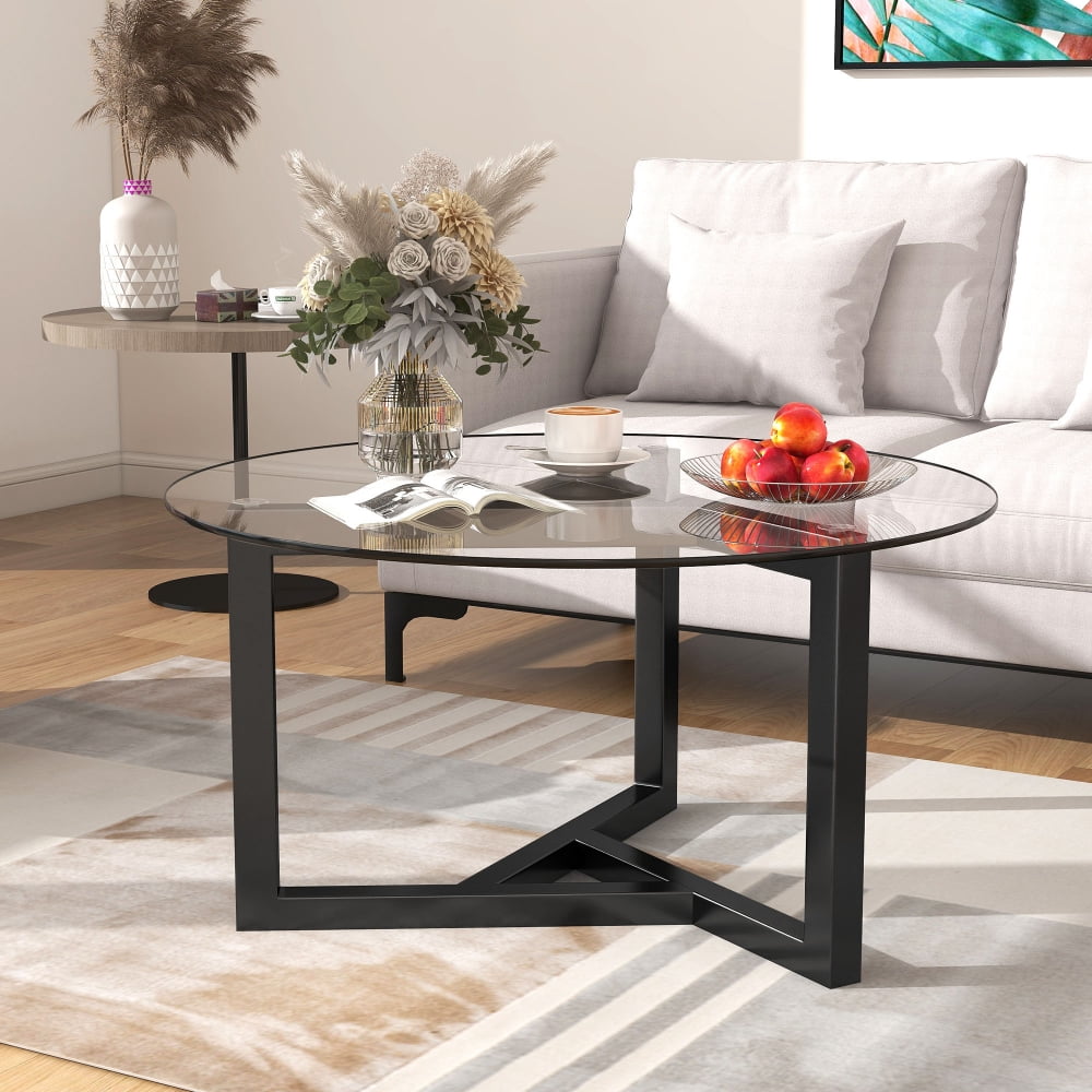 Round Glass Coffee Table, Modern Cocktail Table with Tempered Glass Top ...