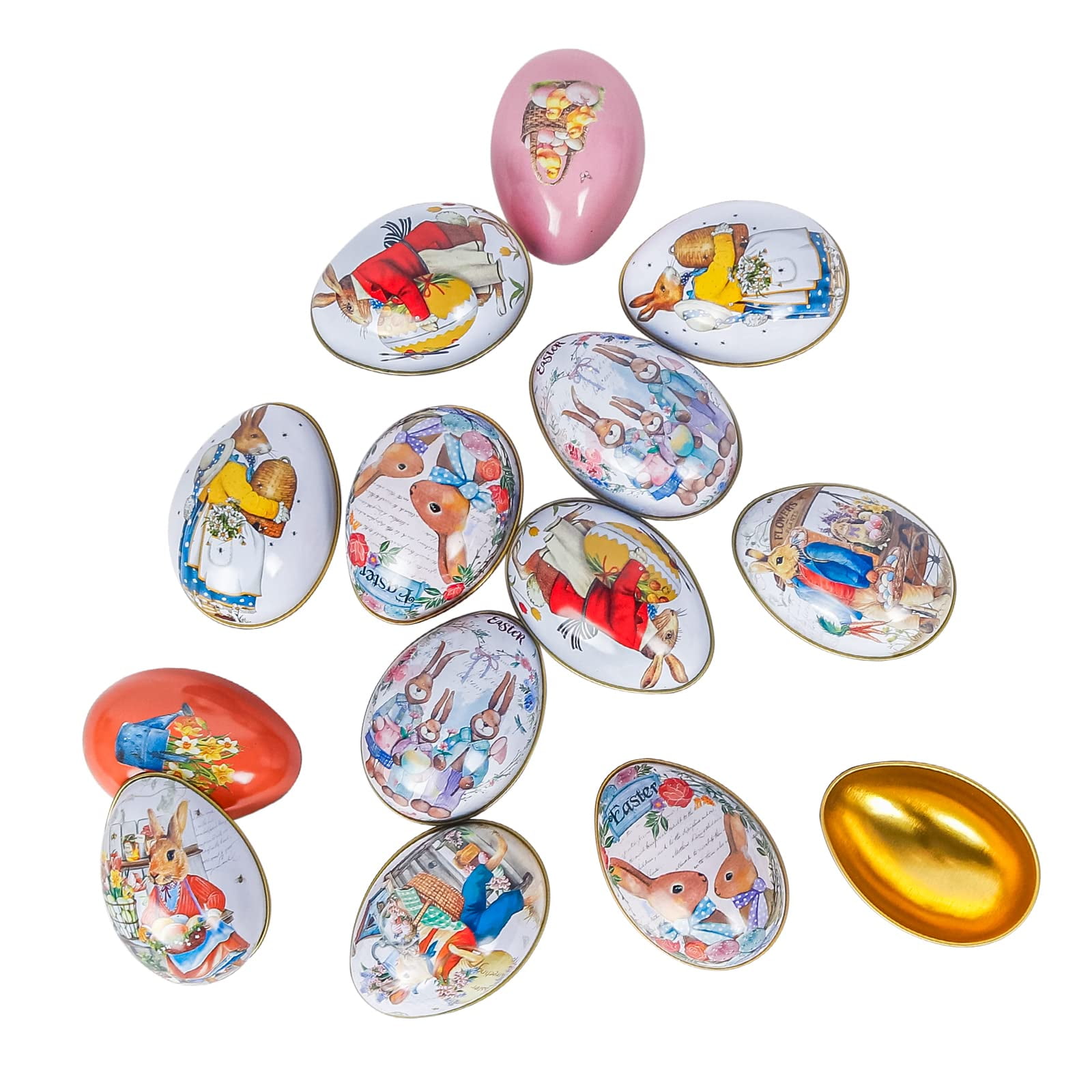 12Pcs Assorted Metallic Tin Easter Egg Container Painted Bunny Eggshell ...