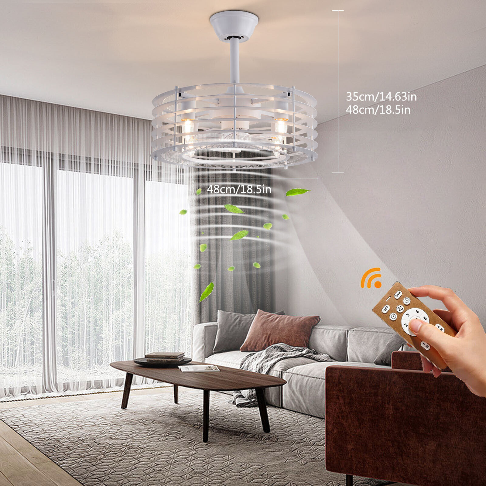 Modern Bedroom Caged Ceiling Fan Light White with Remote Adjustable ...