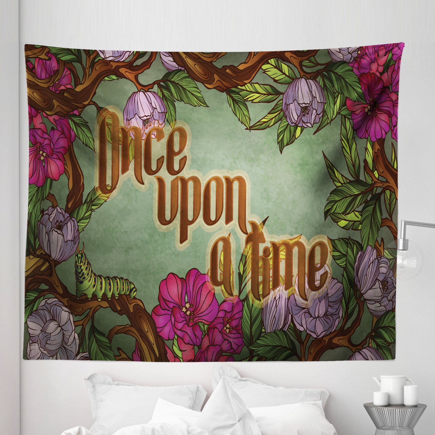 Once upon a Time Tapestry, Calligraphic Words with Blossoming Vintage ...