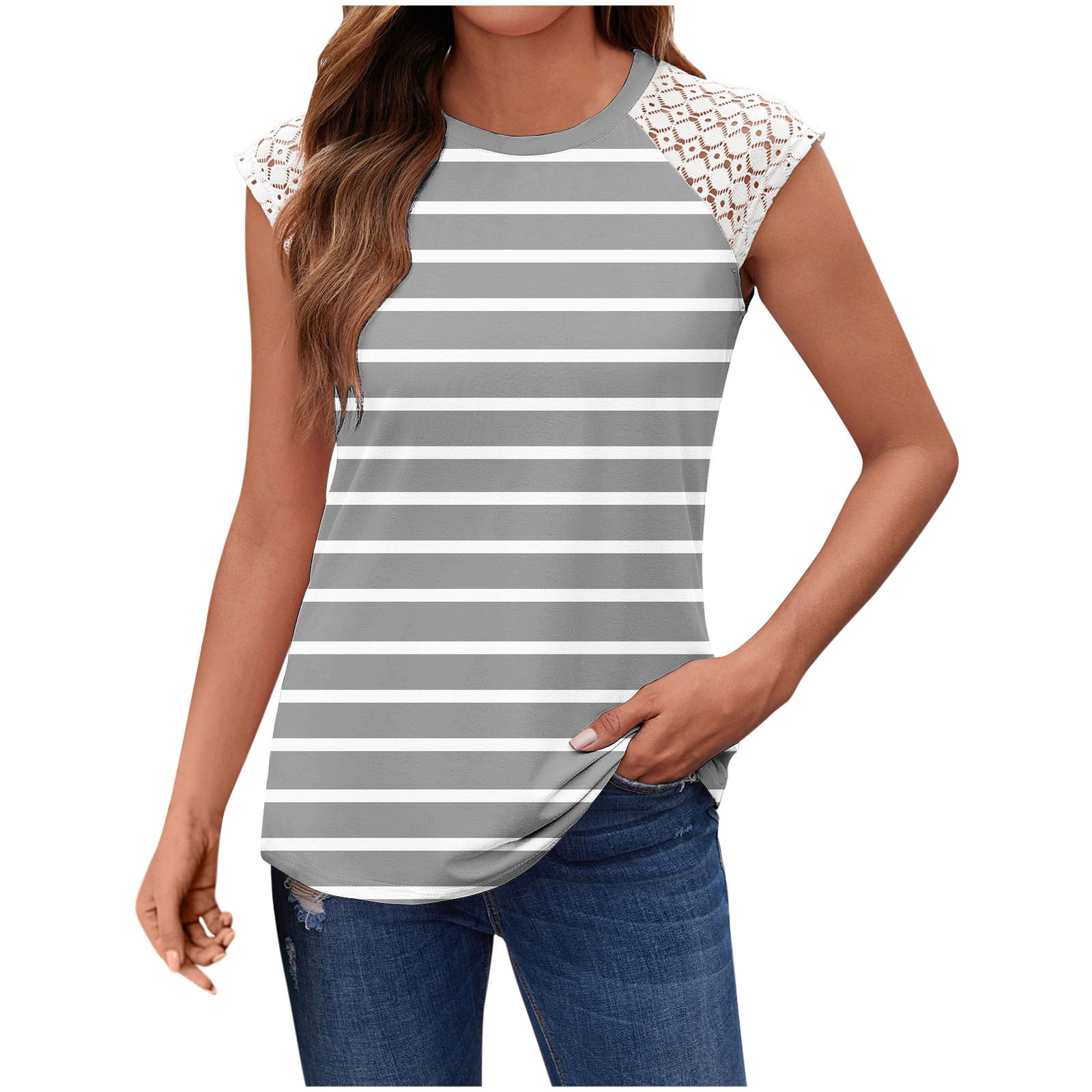 Click here for Annhoo Tank Tops For Women Striped Lace Crew Neck... prices