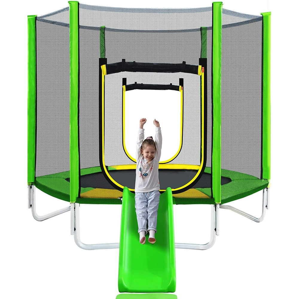 7 FT Trampoline with Slide and Ladder, Climb ‘n Slide Kids Recreational ...