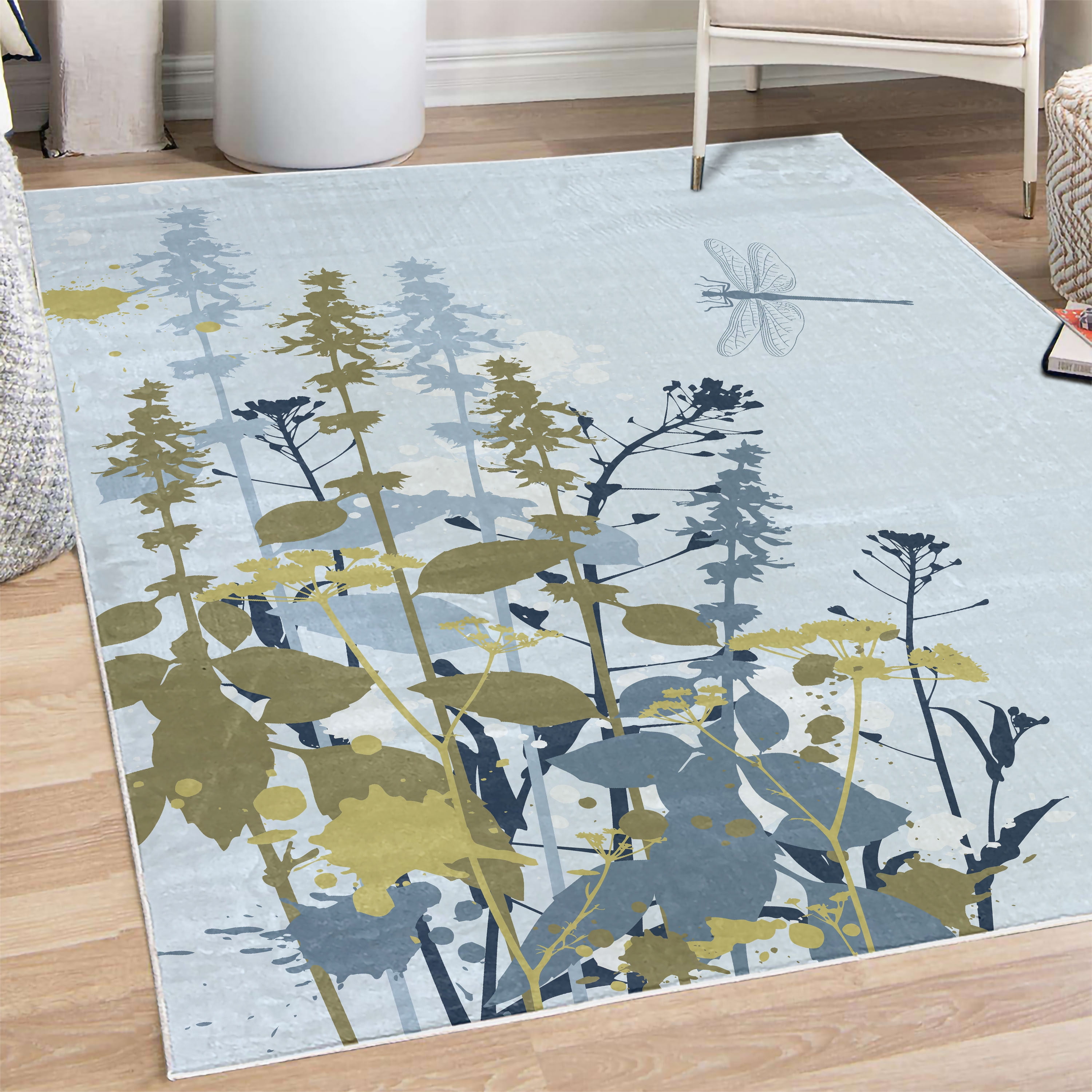 Dragonfly Decorative Rug, Nature Plants Grass with Wildflowers with ...