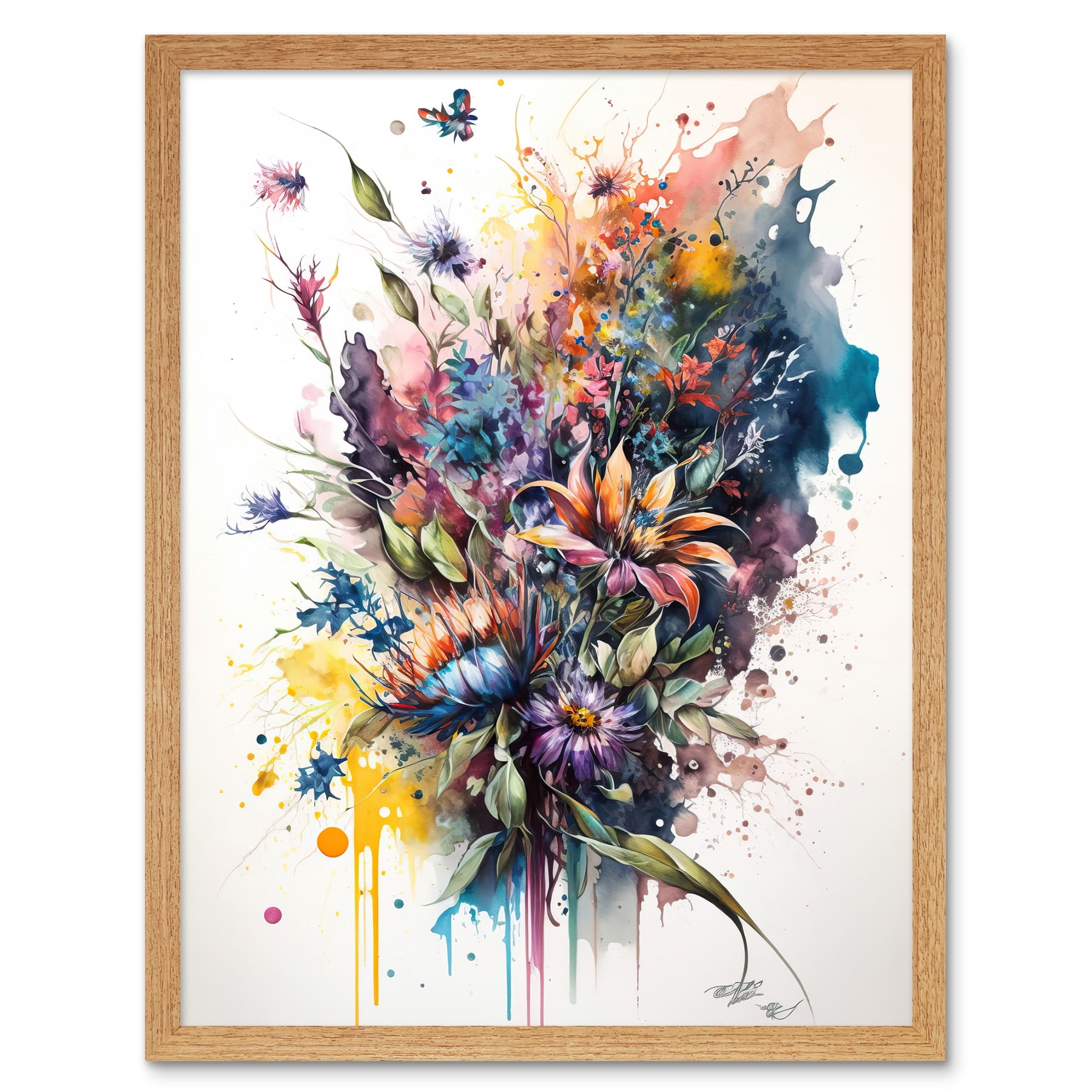 Flower Bouquet Illustration over Watercolour Splat Art Print Framed ...