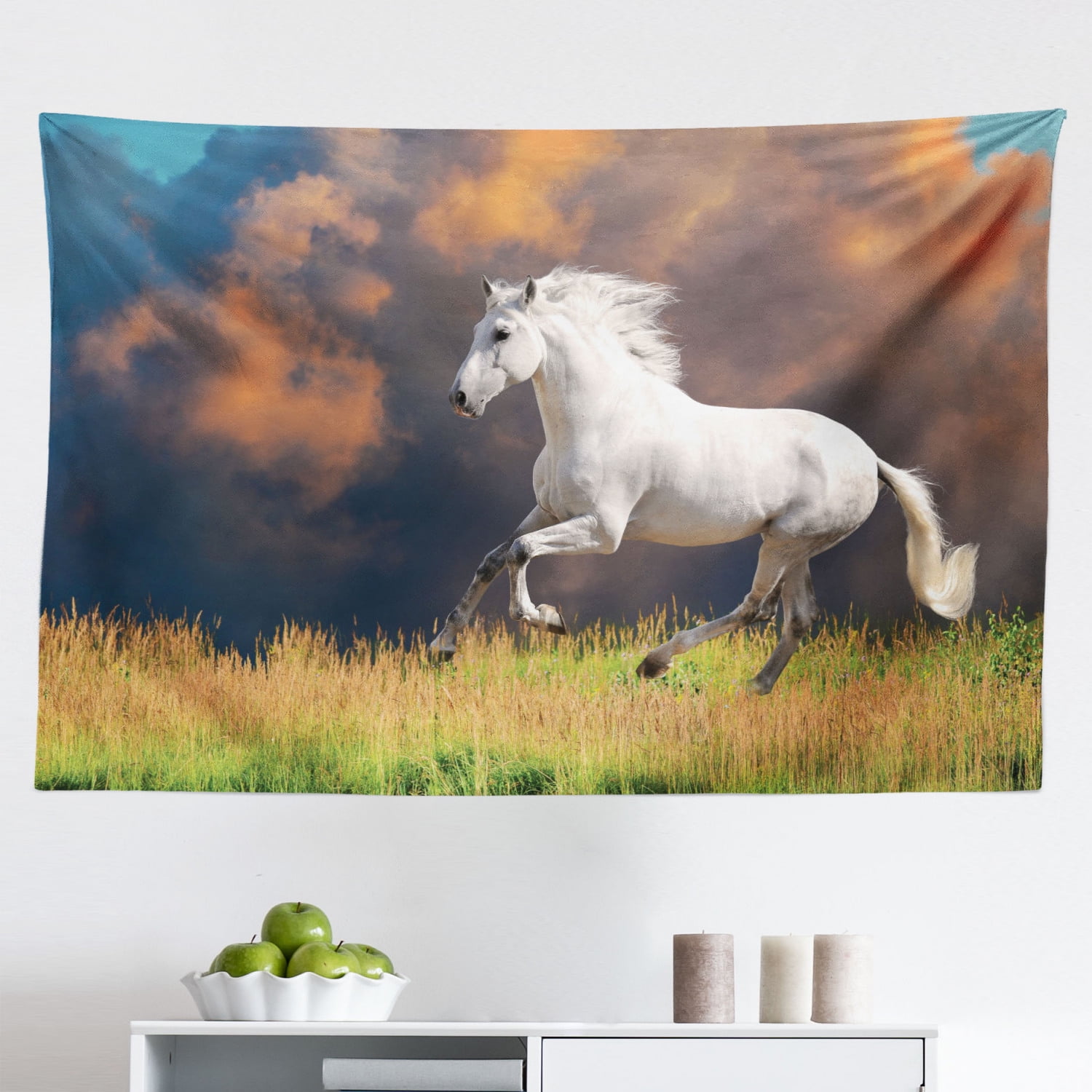 Horses Tapestry, Gallop Animal Motif Rearing up Blazing Devilish Moving ...