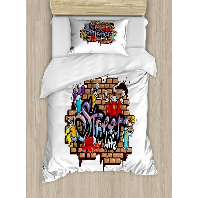 Youth Twin Size Duvet Cover Set, Urban World Street Life Graffiti Art ...