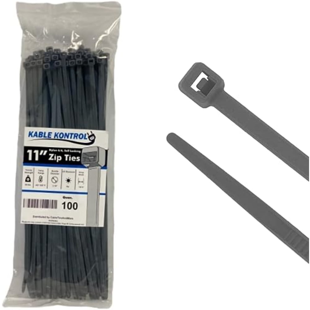 Kable Kontrol Zip Ties - 11" Long - 100 Pc Pk - Gray color - Nylon - 50 Lbs Tensile Strength ...