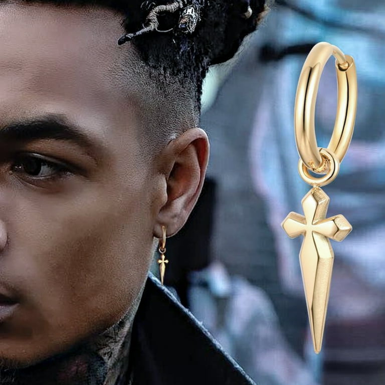 Men s Yellow Gold Solid Sterling Silver Dangle Dagger Hanging Cross Hoop Earrings