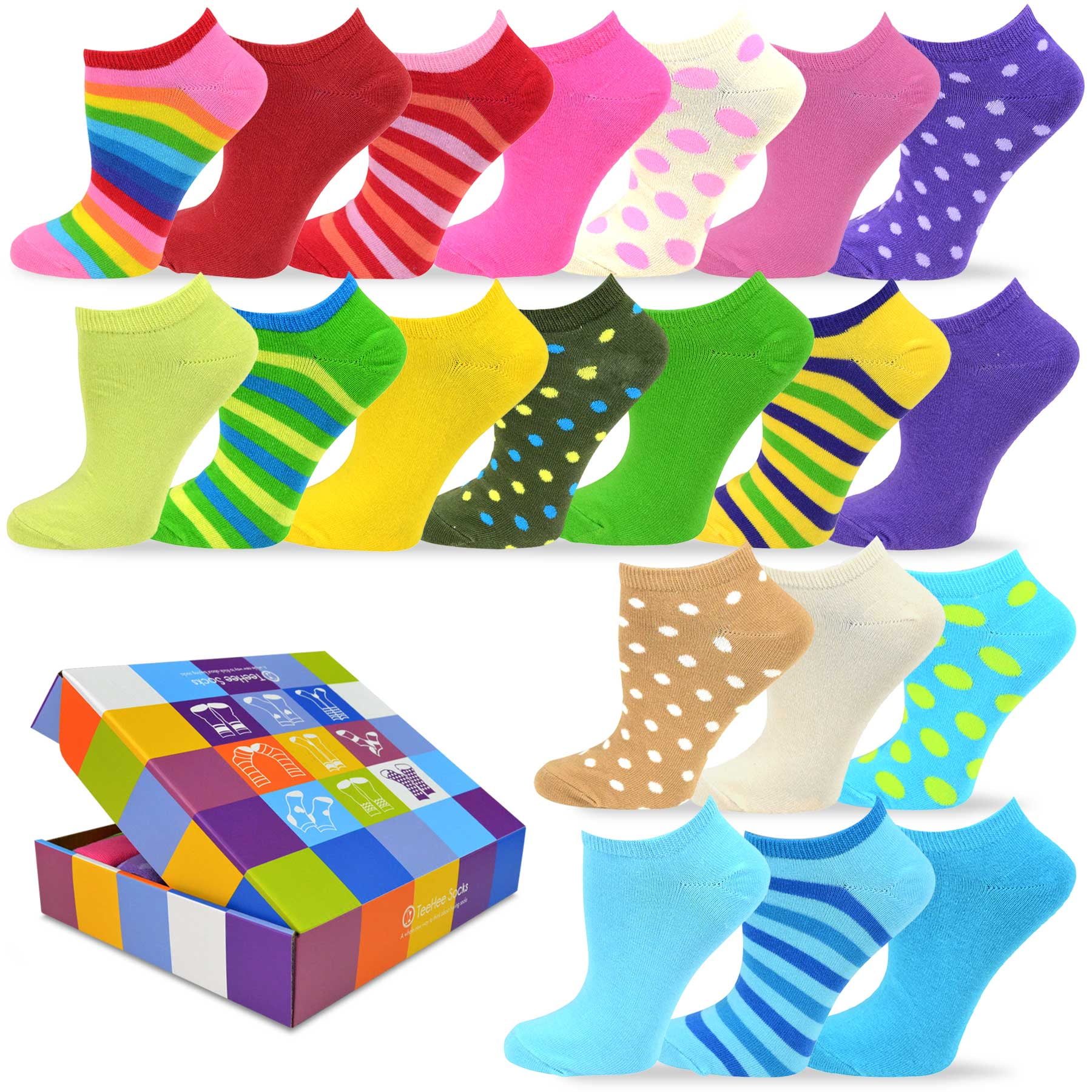 TeeHee Women's Valued 20 Pack Fashion No Show Cotton Socks (Rainbow and ...