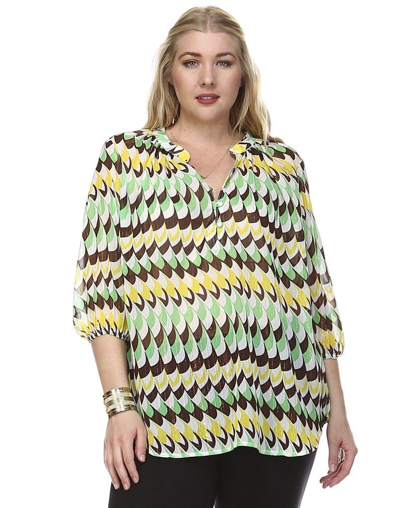 Christine V Women's Plus Size 3/4 Sleeve Button Front Top - Brown/Green ...