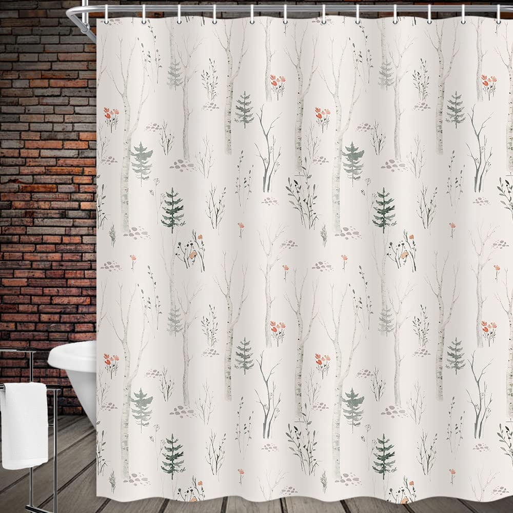 Nature Woodland Shower Curtain, Rustic Forest Trees Decor Fabric ...