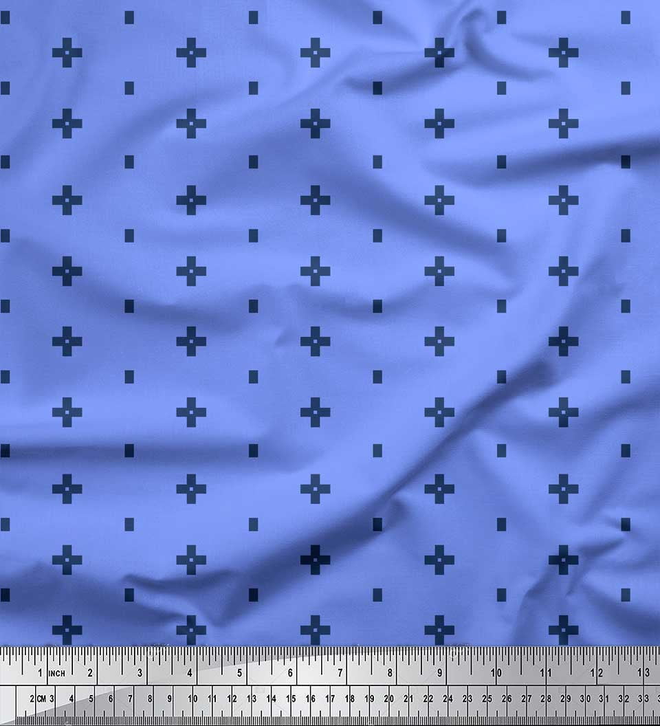 Soimoi Blue Rayon Fabric Geometric Plus Sign & Jamdani Print Fabric by ...