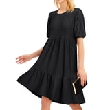 HUBERY Women Crew Neck Short Puff Sleeve Ruffled Keyhole Back Midi ...