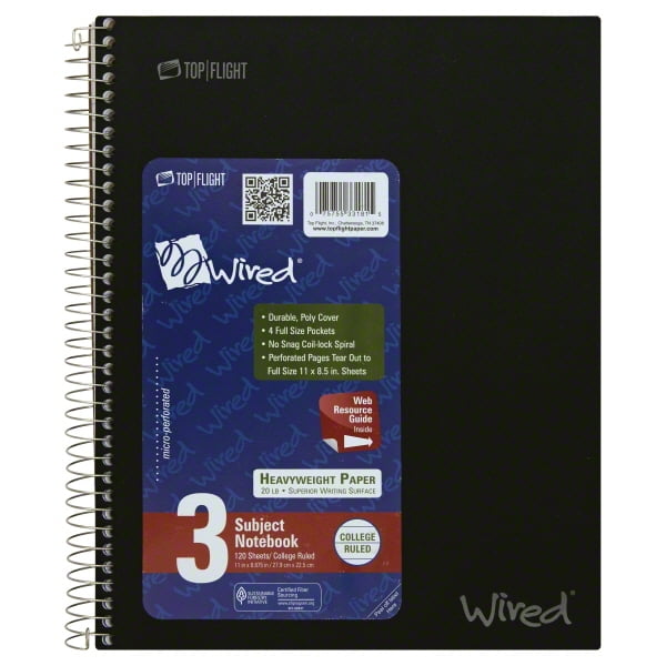 Top Flight Wired 3 Subject Notebook College Ruled 120 Sheets 120 Ct