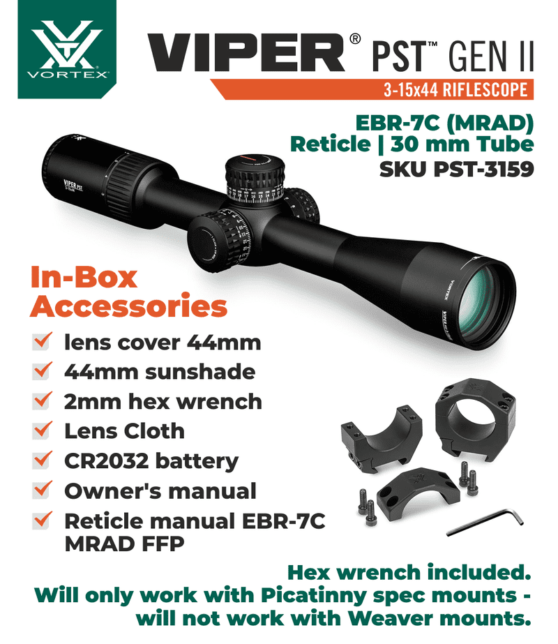 Buy Vortex Optics Viper PST Gen II 3-15x44 FFP EBR-7C (MRAD) Reticle 30 ...