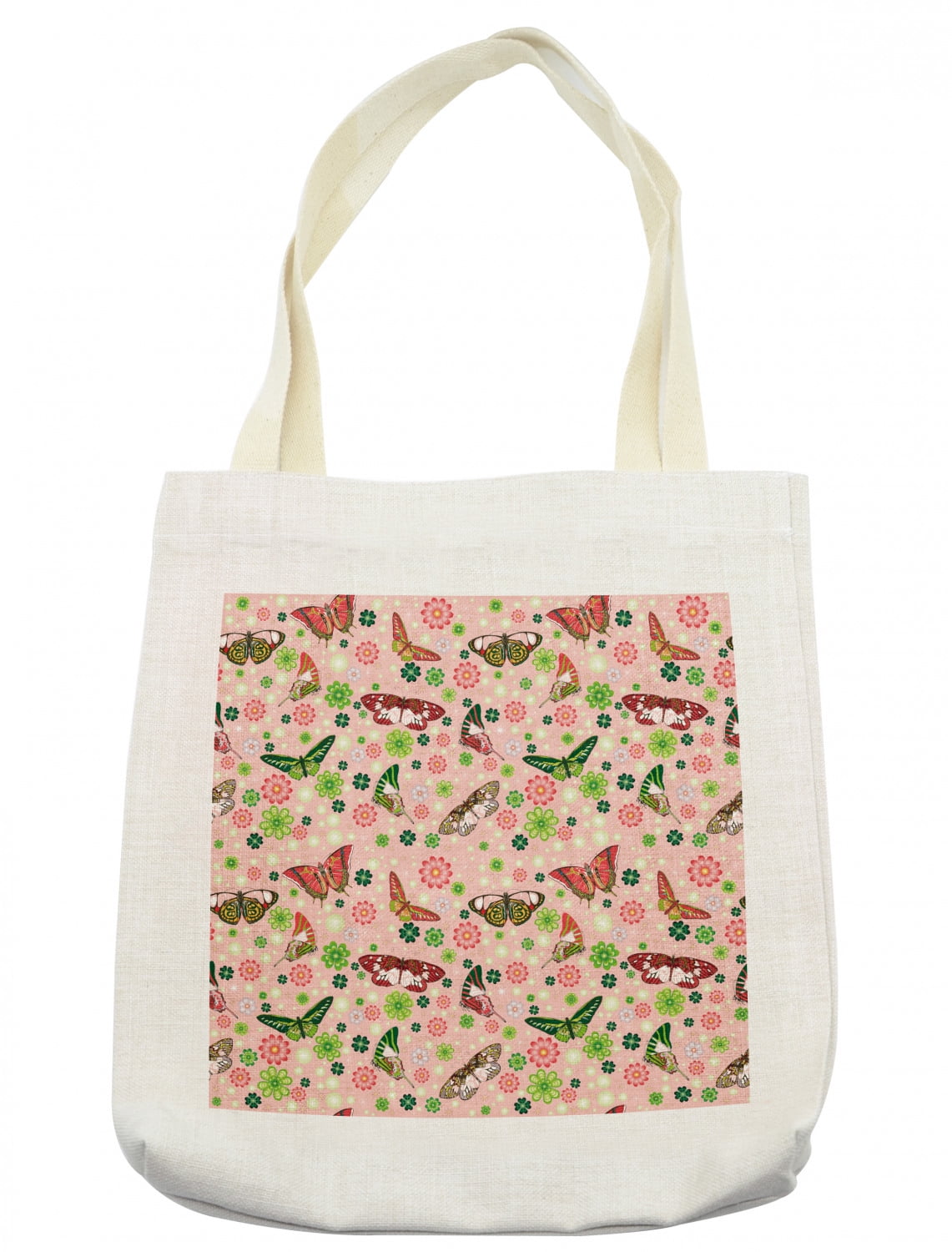 Nature Tote Bag, Butterflies Flowers Shamrocks Vibrant Botanical ...