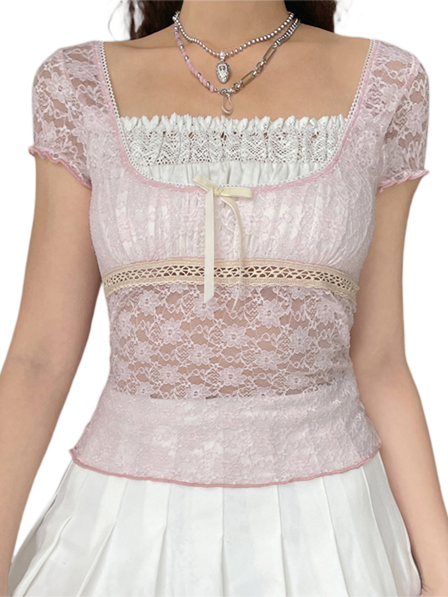 TFFR Women's Lace Patchwork Crop Tops U-Necke-Girl Camisole Tanks Tops ...