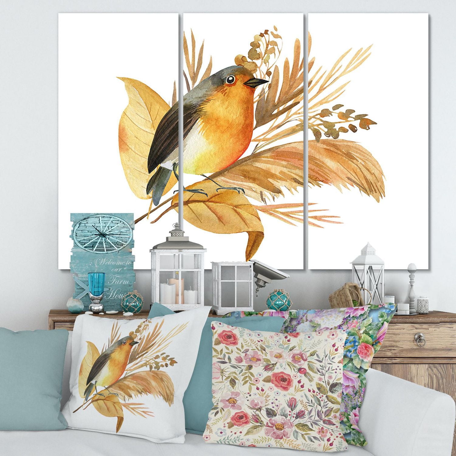 Click here for Designart Robin Bird And Autumn Flowers Canvas Wal... prices