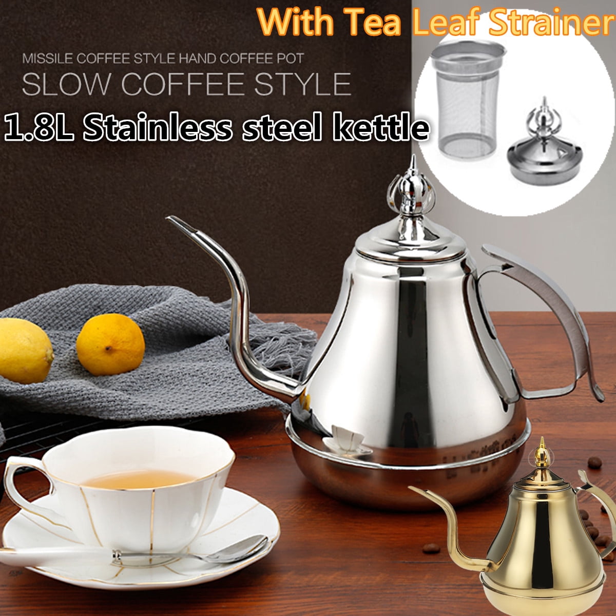 1.2L/1.8L Stainless Steel Teapot Coffee Pot Water Kettle with Tea Leaf ...