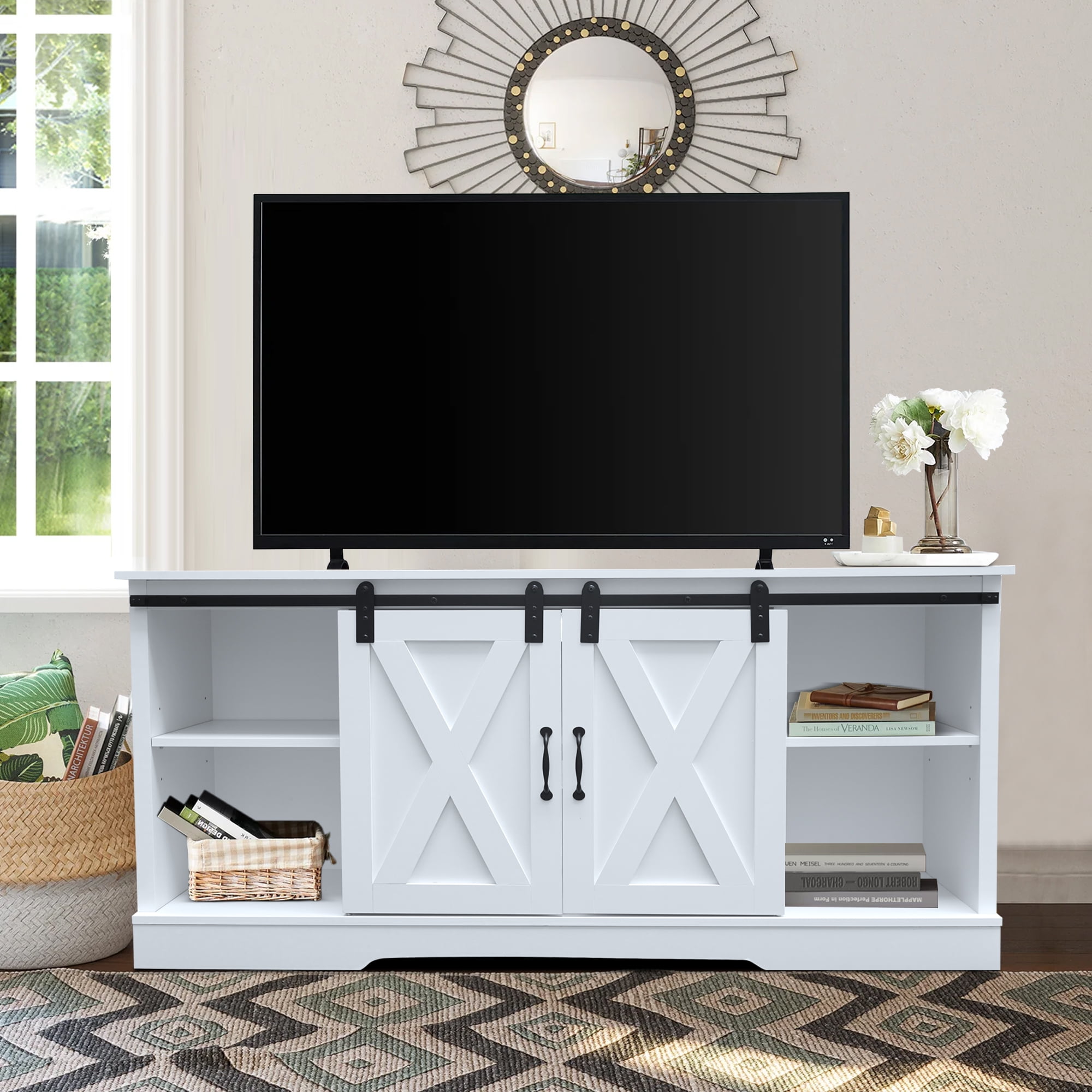 Buy White TV Stand with Sliding Barn Door and Adjustable Shelves for ...
