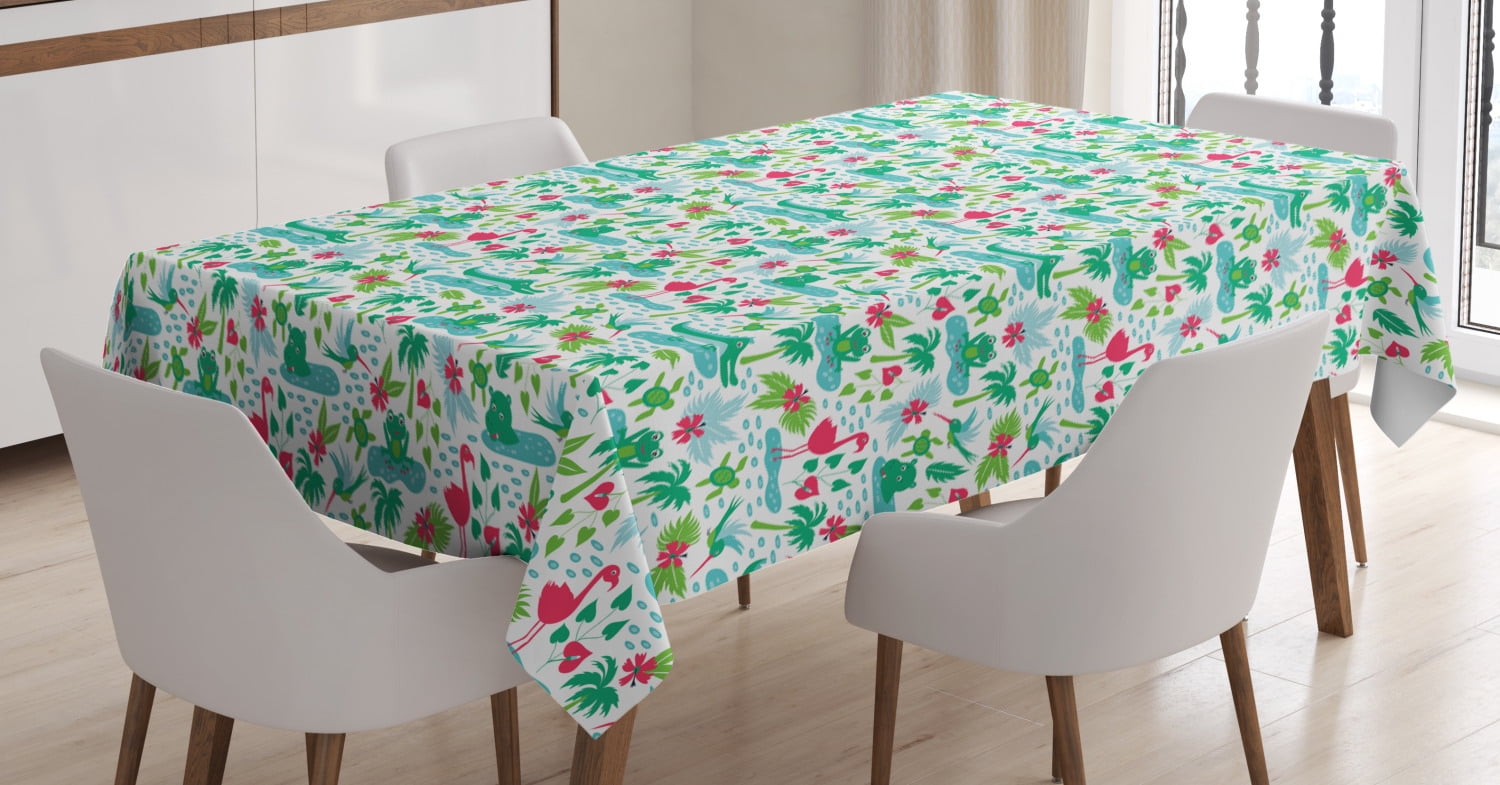 Exotic Tablecloth, Children Tropical Animals Pattern Baby Hippo Frogs ...