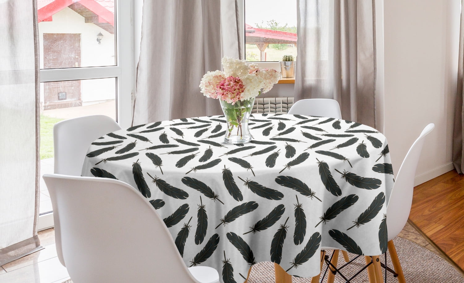 Feather Round Tablecloth, Design of Repeating Delicate Feathers ...