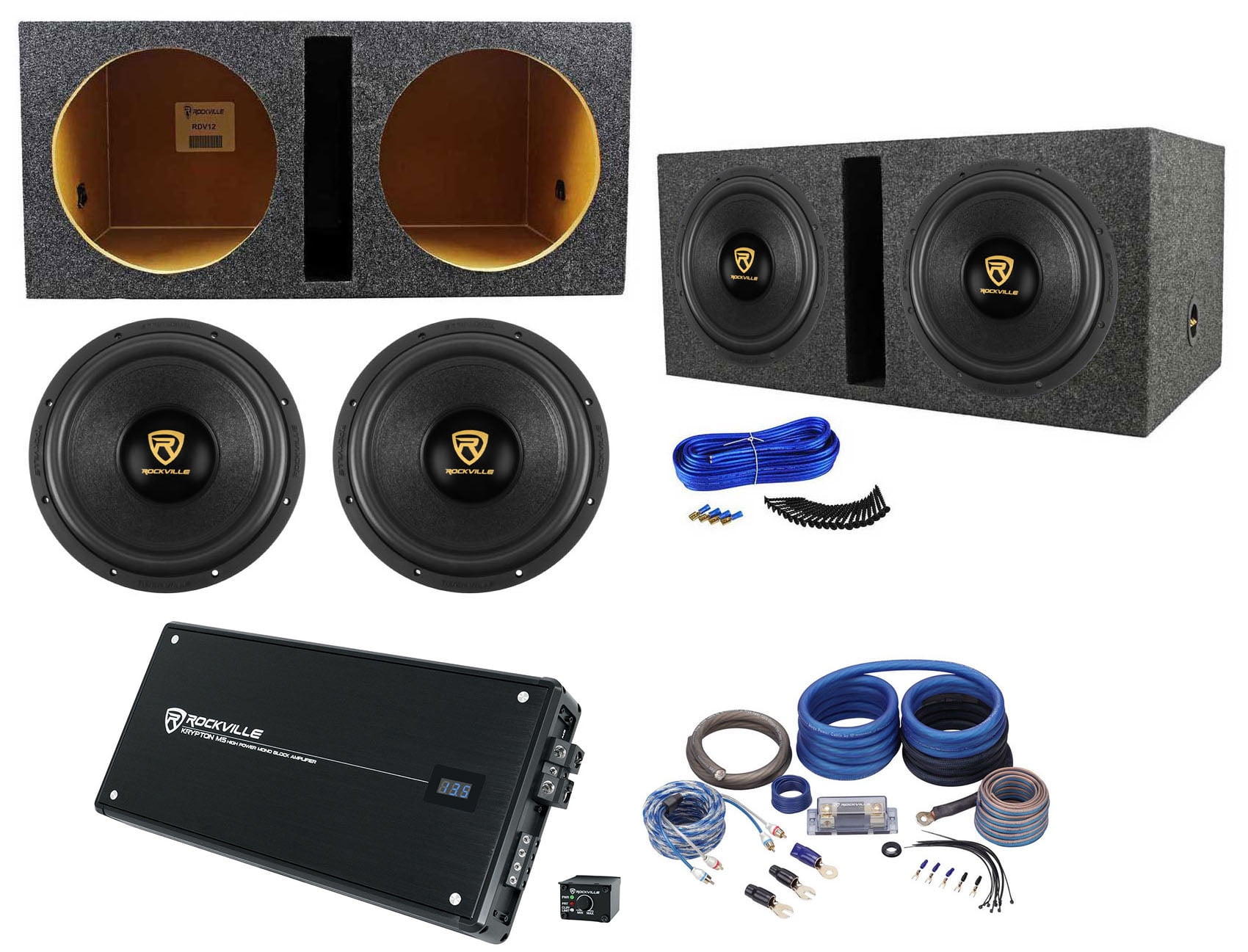 (2) Rockville W12K9D4 12" 8000w Subwoofers+Vented Sub Box+Mono ...