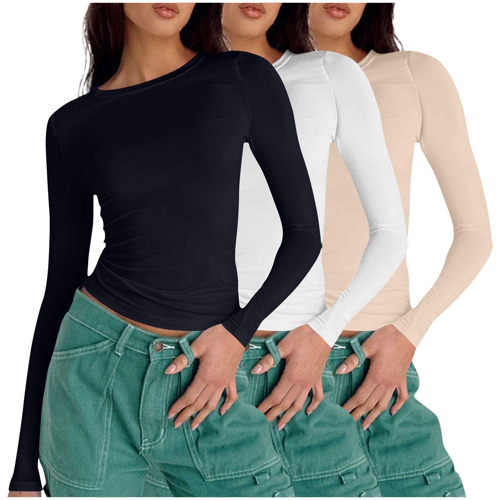 Click here for Aherbiu 3pc Women Long Sleeve Shirts Basic Slim Fi... prices