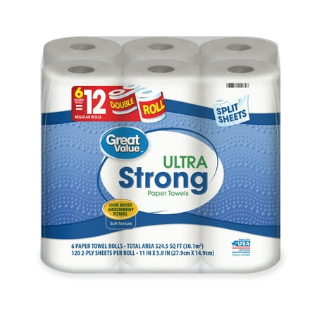 Great Value Ultra Strong Paper Towels, Split Sheets, 6 Double Rolls ...