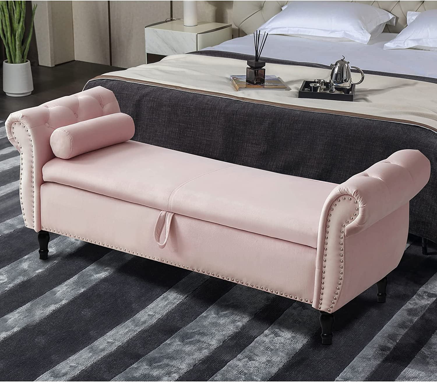Storage Bench for Bedroom End of Bed Zarler Rolled Armed Velvet Ottoman ...