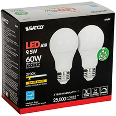 Satco Products 877169904 S29699 9.5W A19 Dimmable LED Bulb - Frosted, 2 Per Pack | Walmart Canada