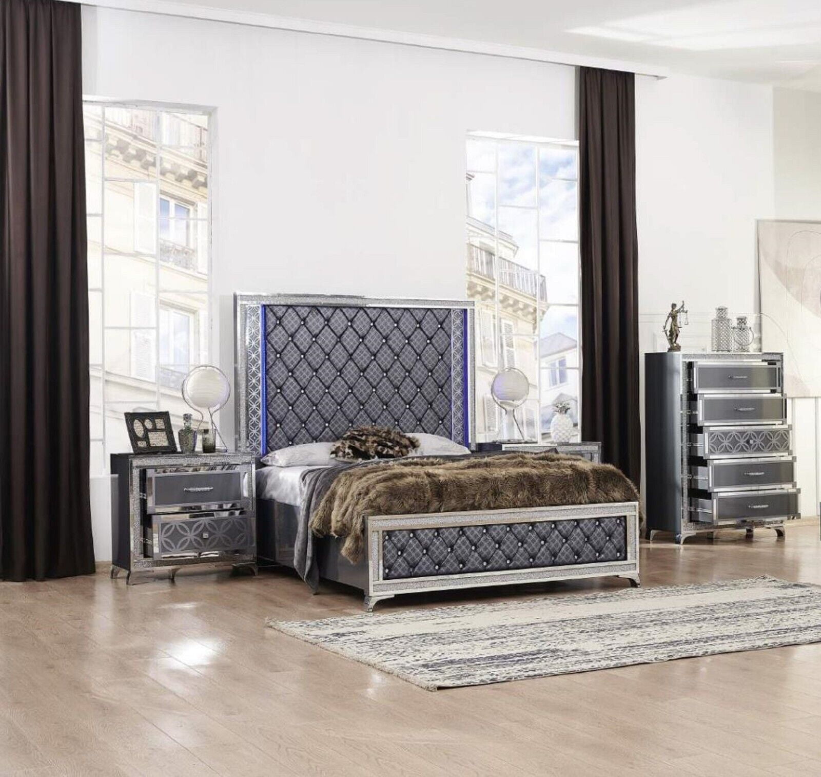 3pc Modern Queen Size LED Bed Chest Nightstand Storage Set Dark Gray ...