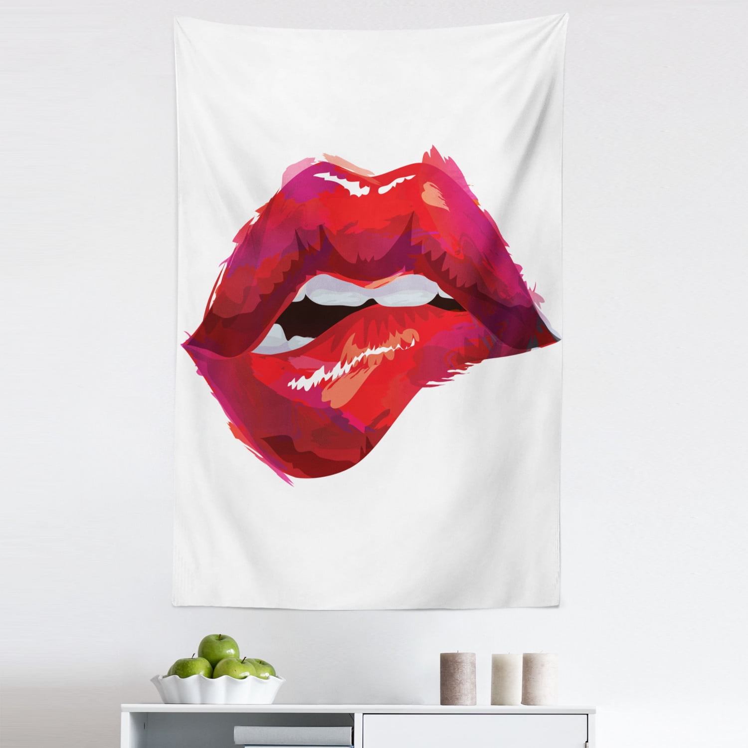 Lips Tapestry, Detailed Woman Biting Design with Pinkish Tones on Plain ...