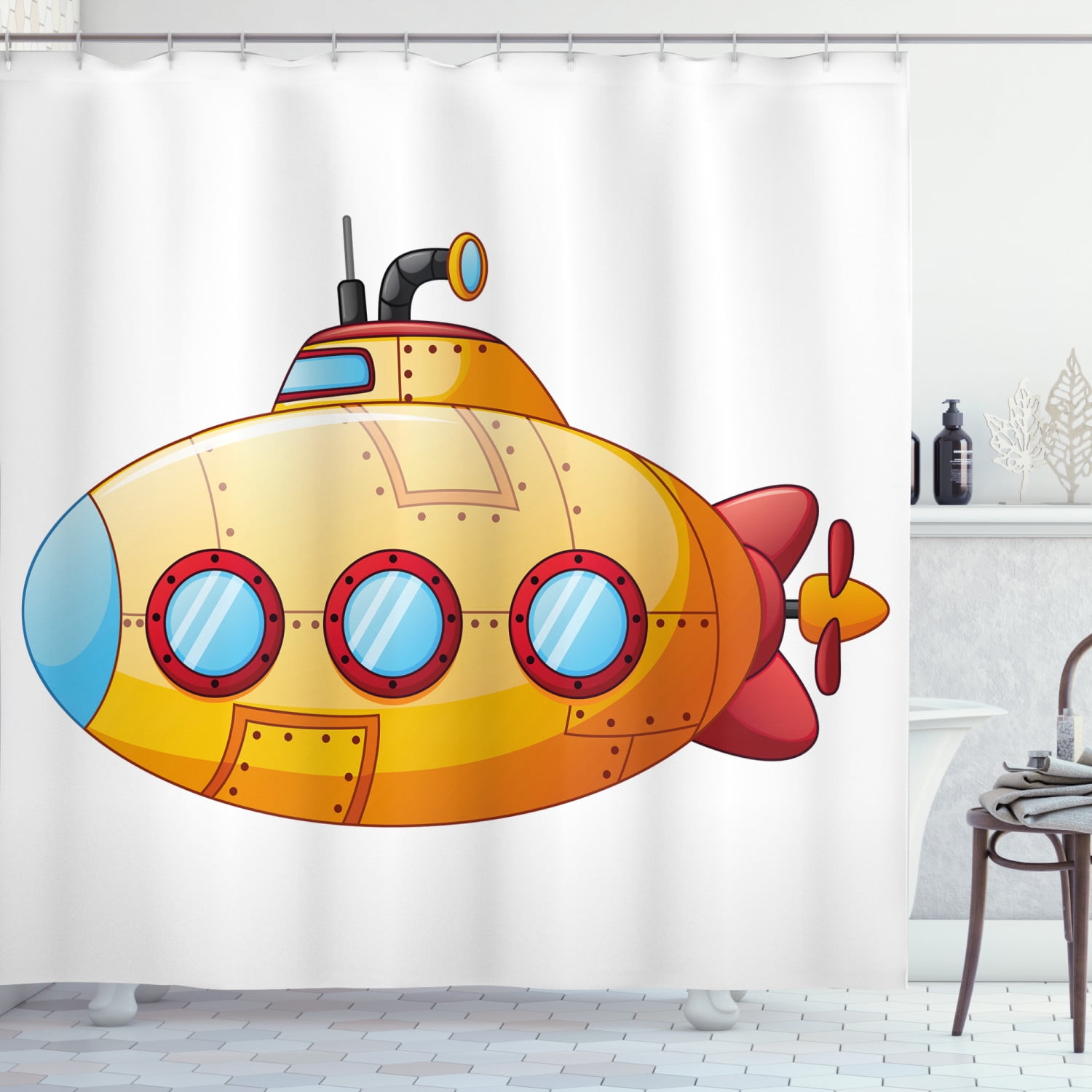 Yellow Submarine Decor Shower Curtain Sea Theme Cartoon Style