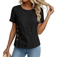 Aezemi Womens Button Pleated Shirts Regular Fit Round Neck Short Sleeve ...