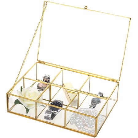 ?Gold?Clear Glass Box?Metal Jewelry Trinket?Shadow Box Counter Top ...