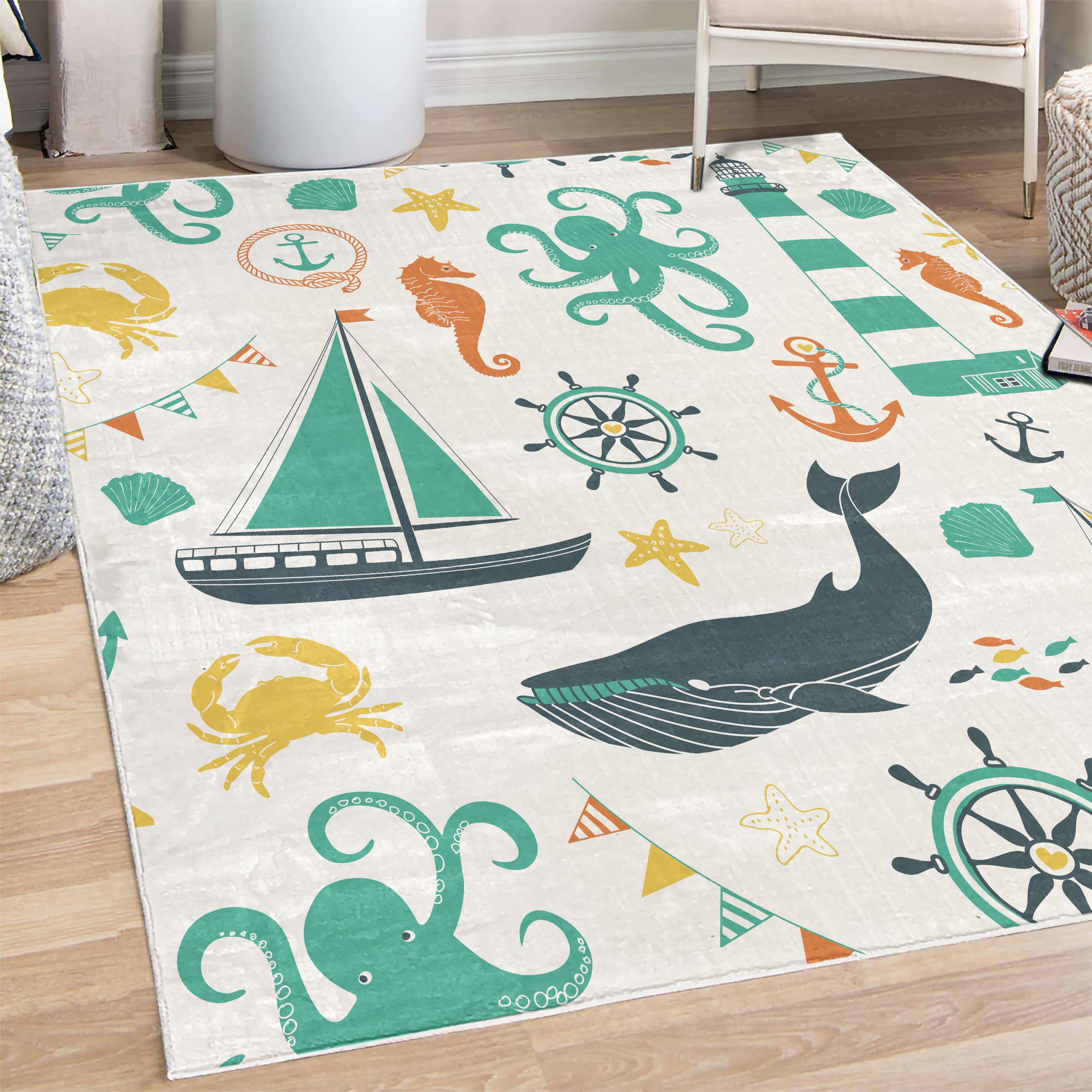 Nautical Decorative Rug, Pastel Colored Composition of Lighthouse ...