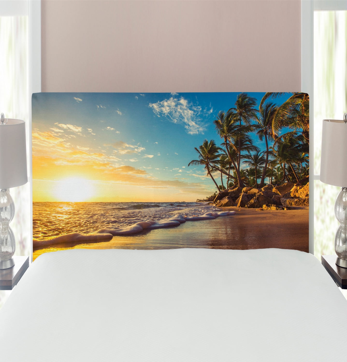 Ocean Headboard, Image of Palm Trees on Exotic Beach at Sunset Waves in ...