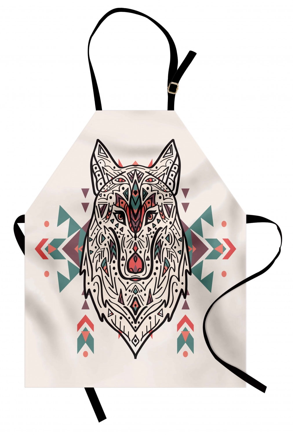 Tribal Apron Charming Lion Like Wolf Head with Paisley Ethnic Design ...