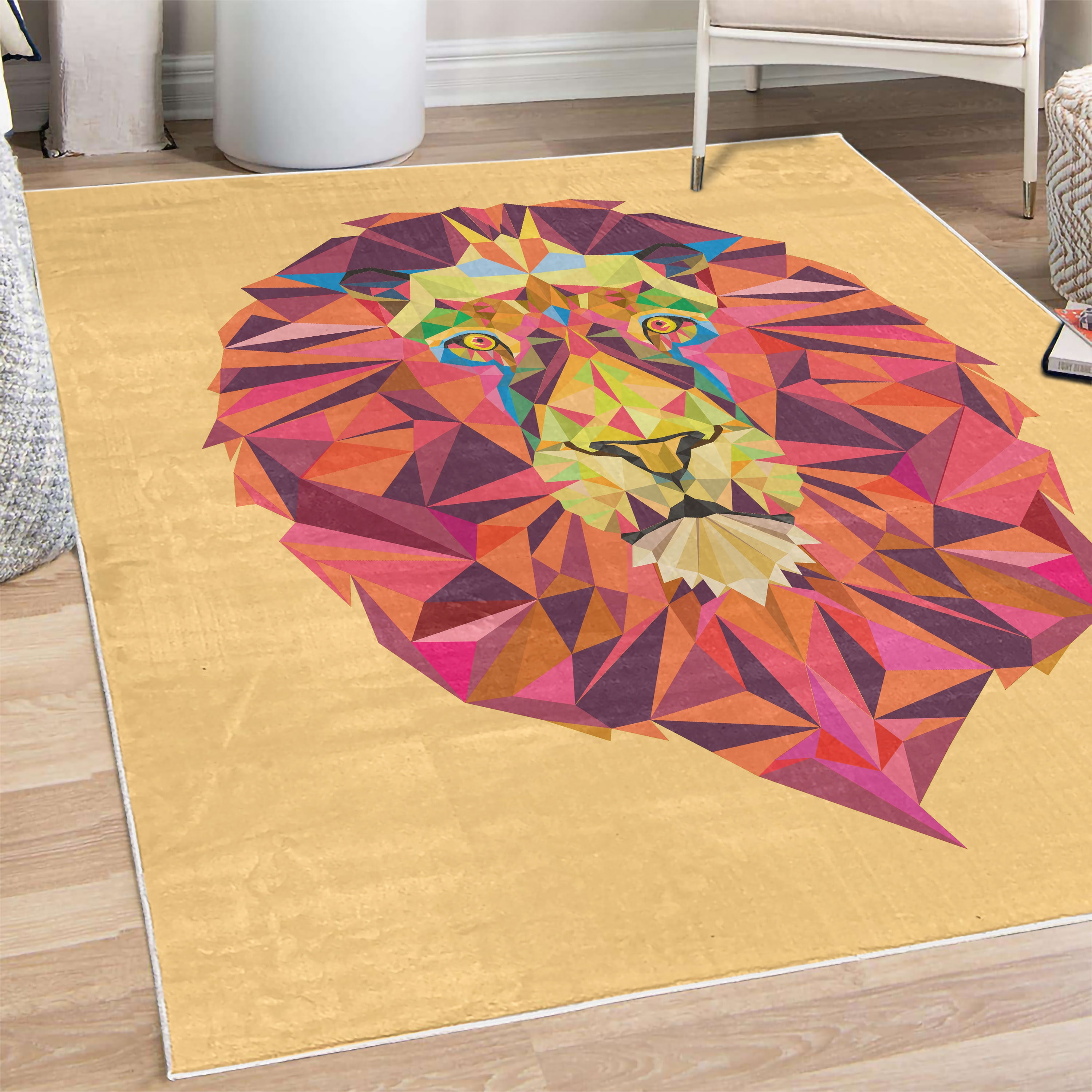 Zoo Decorative Rug, Colorful Animals Geometric Diamond Face Lions Mane ...