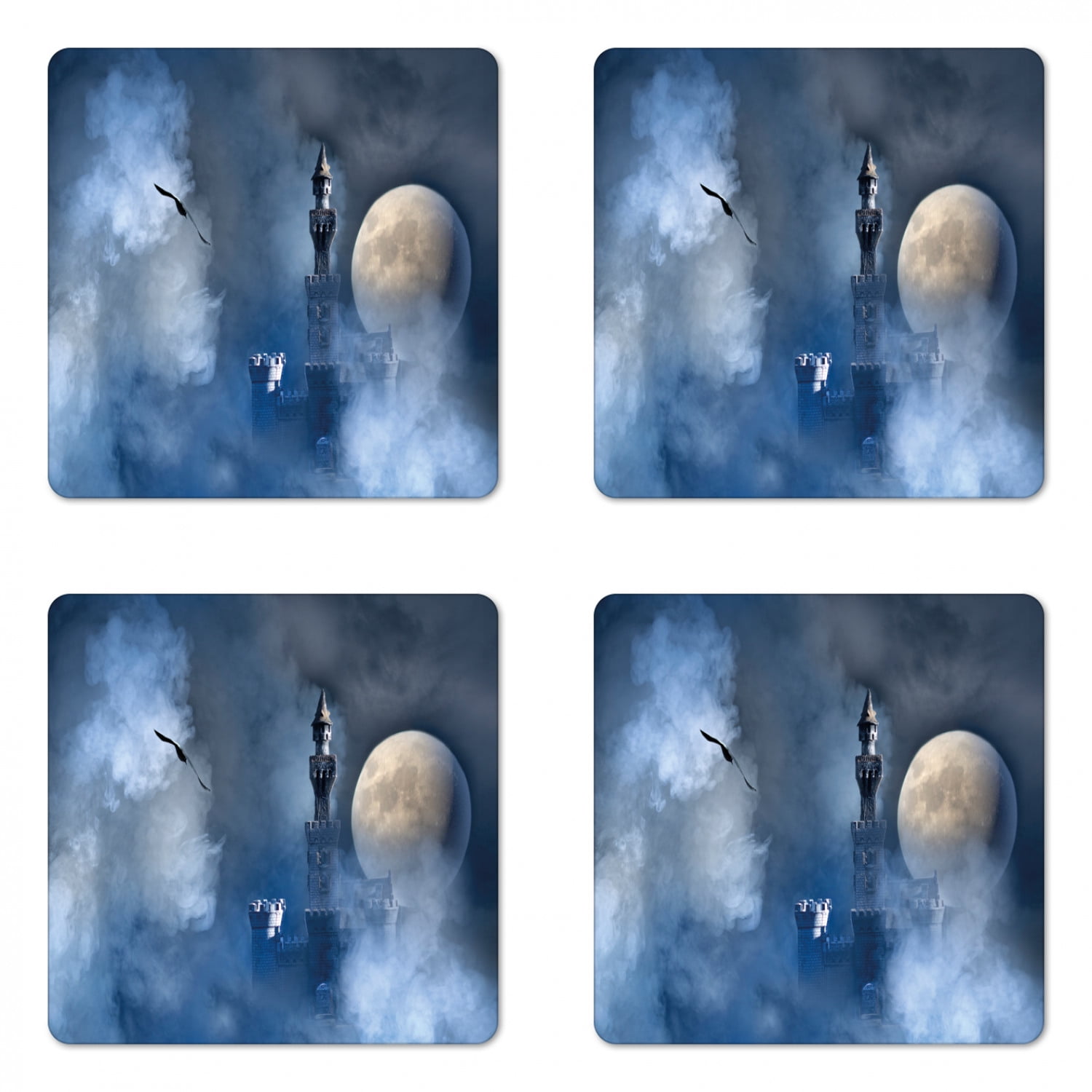 Fantasy Coaster Set of 4, Castle on Clouds at Moon Night Scary Gothic ...