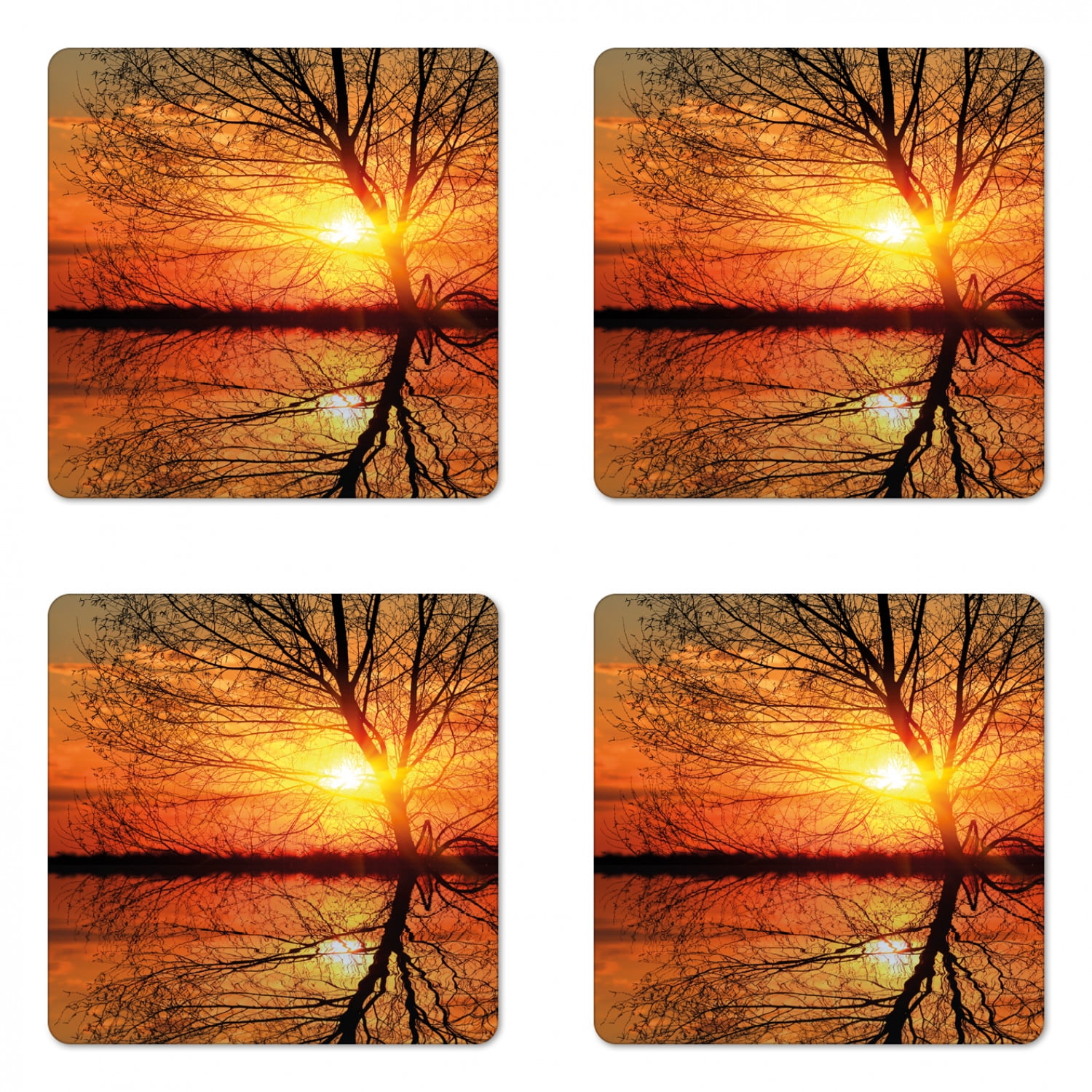 Autumn Coaster Set of 4, Leafless Tree in Fall on Sunset Backdrop ...